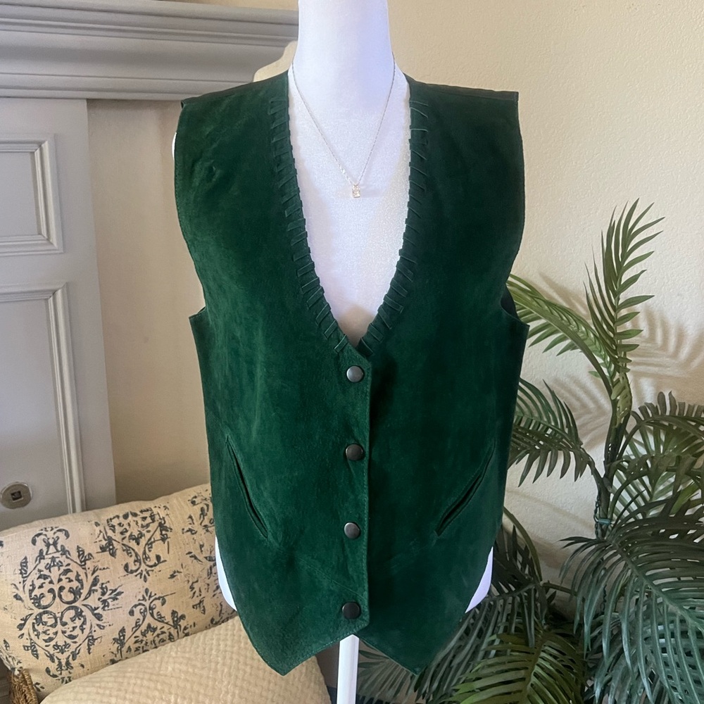 Vintage Rhoda Lynne 100% Leather Front Dark Green Ves… - Gem